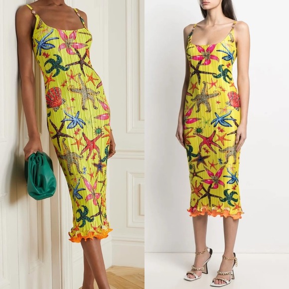 Versace | Dresses | Versace Womens Yellow Starfishprint Pliss Midi ...